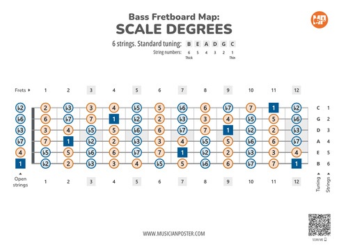 6-string Bass Printable Fretboard Chart With Scale Degrees